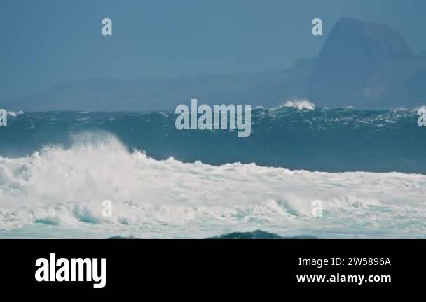 Cinematic blue ocean famous Jaws surfing beach with biggest waves in ...
