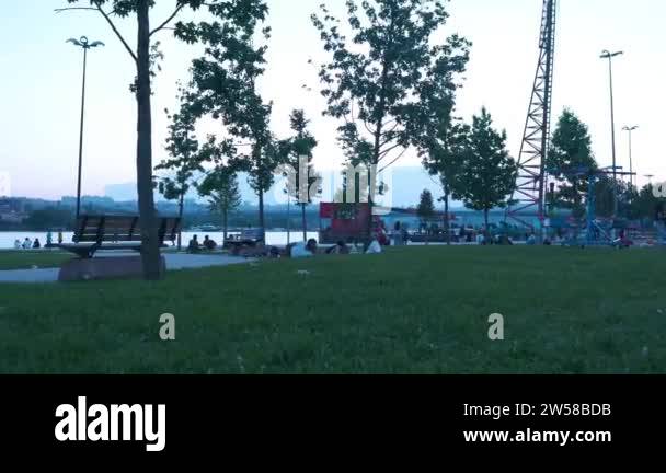 Beyoglu, Istanbul, Turkey - 06.27.2021: pan left from playground and ...