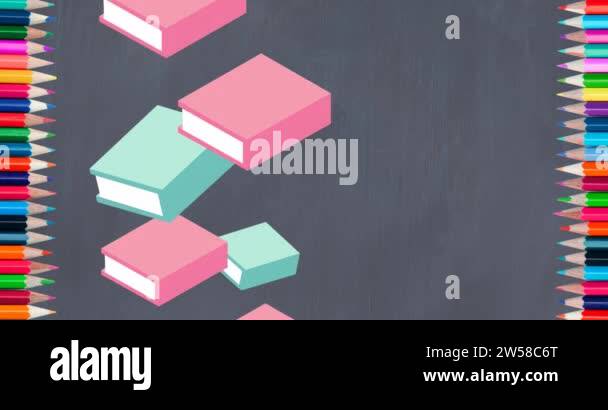 Animation of book digital icons over crayons and blackboard. education ...