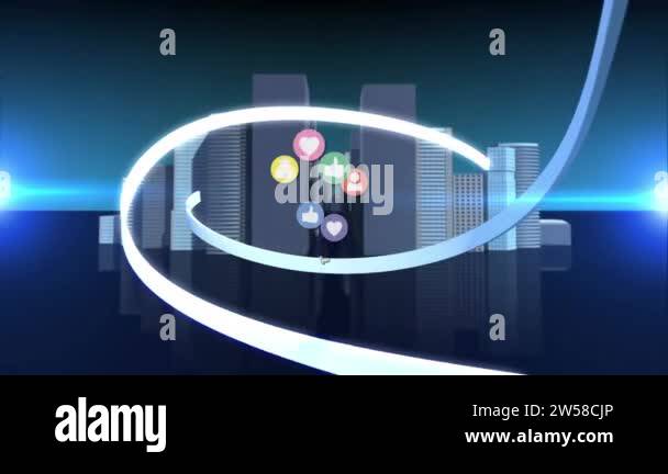 Multiple colorful profile and heart icons floating against blue light ... Multiple colorful profile and heart icons floating against blue light ...