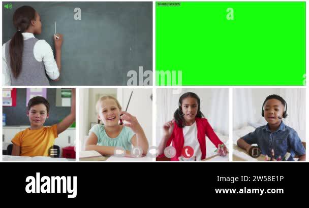 Animation of six screens of diverse children, teacher and green screen ...
