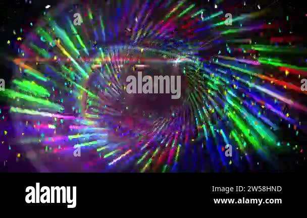 Digital animation of confetti falling over spinning colorful digital ...