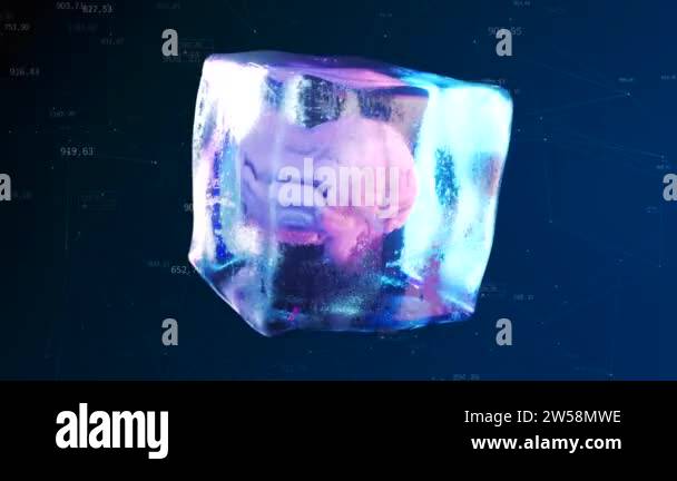 Frozen human brain inside a rotating ice cube in a technology cloud in ...