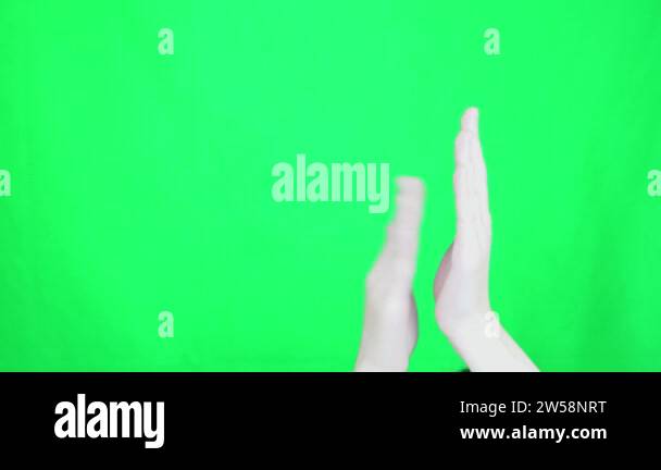 Woman hands arms clapping applause bravo gesture isolated over green ...