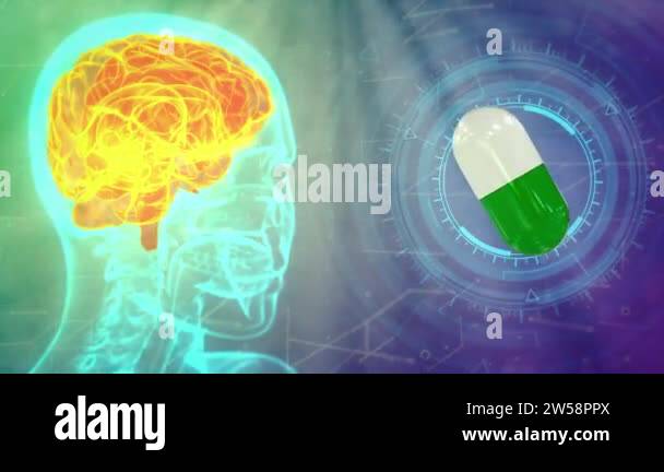 rontgen human head image with highlighted brain and medical tablet ...