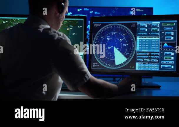 Workplace of the professional air traffic controller in the control ...