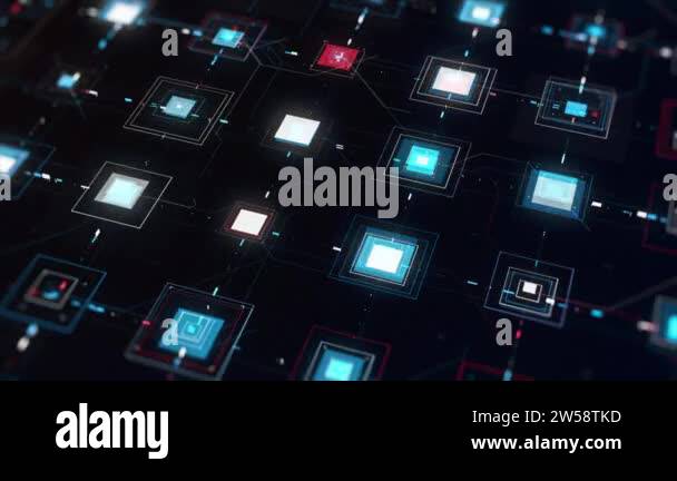 High tech computer circuit board with many signals flowing fast on ...