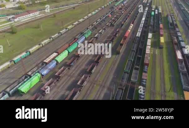 Top view of freight trains at a railway junction. large railway ...