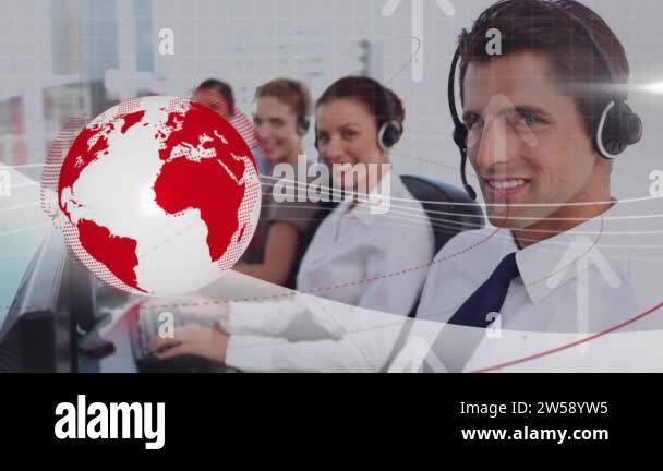 Animation of globe and arrows over business people wearing headsets ...
