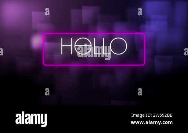 Digital animation of hello text in neon rectangle frame against ...