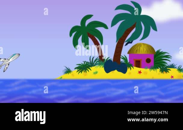 The animation of an airplane flying above an exotic tropical island in ...