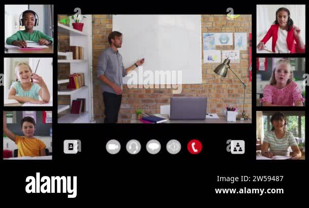 Composite video call interface with diverse male teacher and six ...