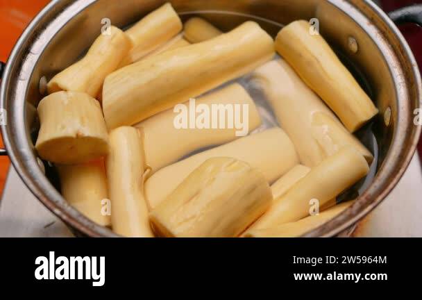 Boiled Cassava In Boiling Water With Sugar To Making Thai Dessert Cassava Root With Coconut