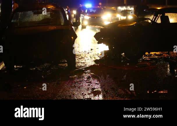 Car accident. Police flashers illuminate the broken cars Stock Video ...