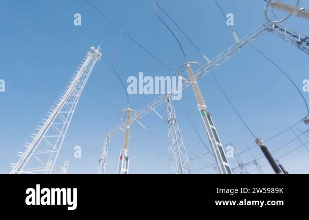 Digital substation with electrical wires. Action. Bottom view of power ...