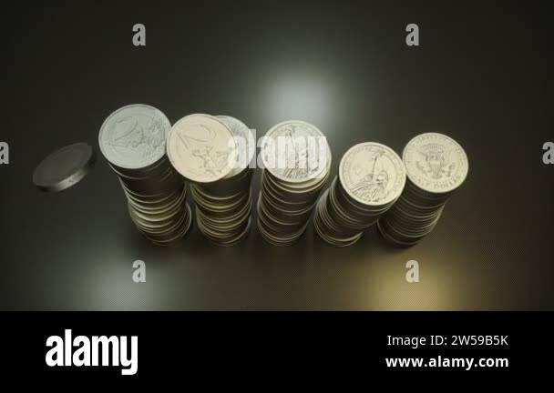 Columns of stacking coins falling, 3d animation Stock Video Footage - Alamy