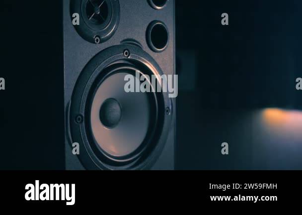 Vibrating speakers membranes of professional sound speaker in close up ...