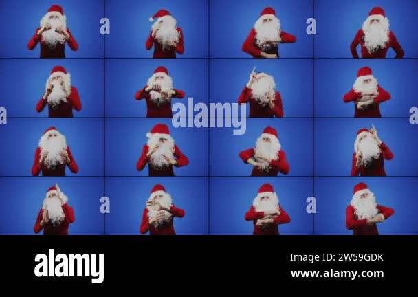Many Santa Clauses dance in grid of windows on blue screen backgrounds ...