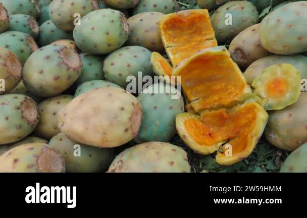 Moroccan prickly pear (cactus fruits) with fruit peel at a farmer's ...