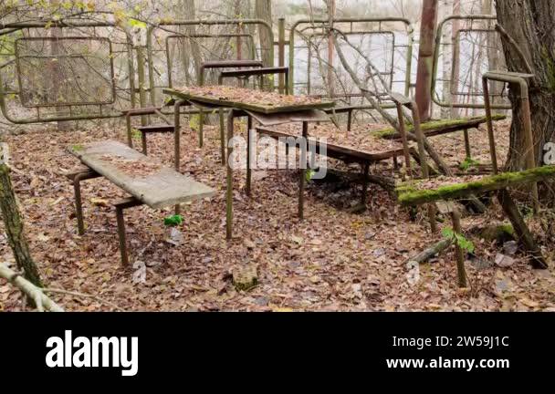 Creepy Rusty Bench in Public Park in Abandoned Pripyat City, Chernobyl ...