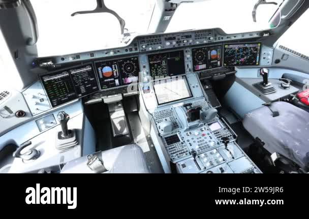 The cockpit of the AIRBUS A350 aircraft for flight tests. The internal ...