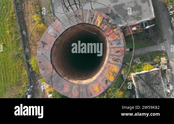 Aerial on top view Look inside the pipe of large production. The pipe ...