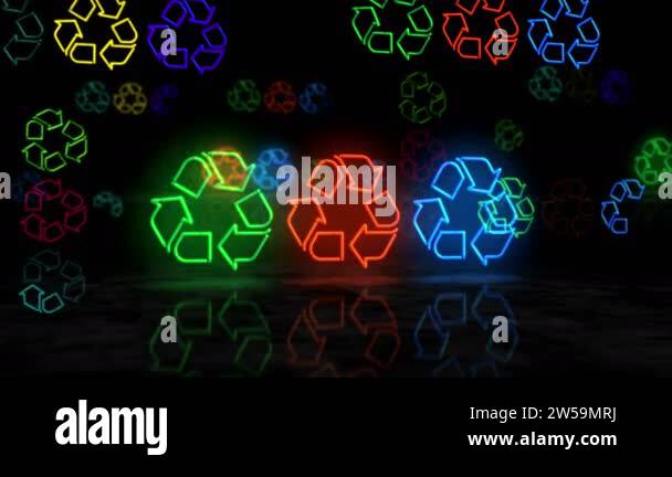 Recycling neon glowing symbol. Light color bulbs. Ecology, waste ...