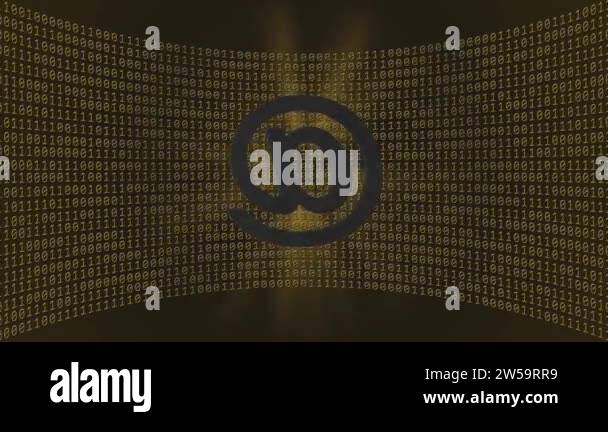 Abstract data flow motion background - rotating at sign in front of a virtual studio wall of ...