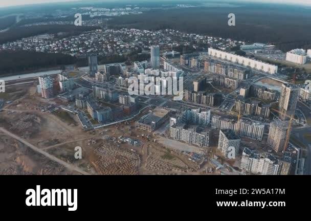 Process construction new neighbourhood top view. Aerial flight over ...