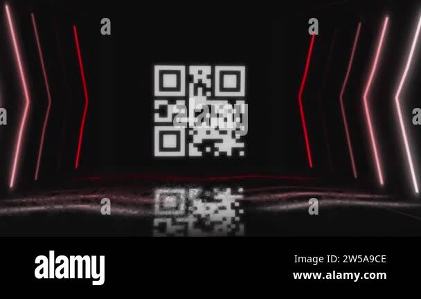 Digital animation of glowing neon qr code against glowing red lines on black background. barcode ...
