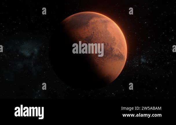 Mars planet spinning in space with stars background. Zoom in front view ...