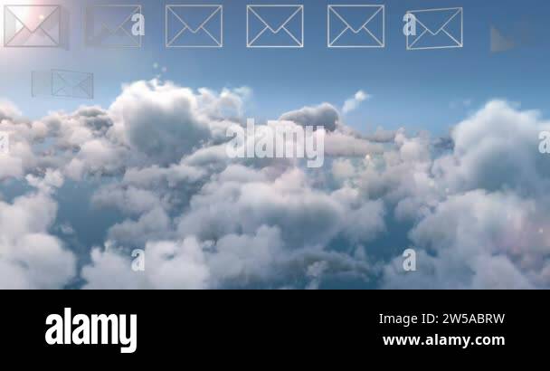 Animation of envelope digital icons over clouds and sky. global social ...