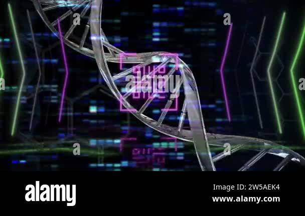Digital animation of glowing qr code against dna structure and mosaic ...