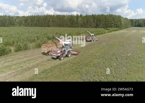 Aerial view of two Combines harvesting on grass field. The harvesters ...
