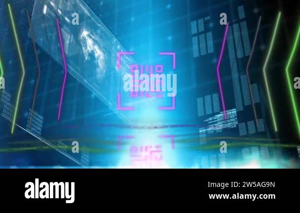 Digital Animation Of Neon Qr Code And Glowing Lines Over Multiple Screens With Data Processing