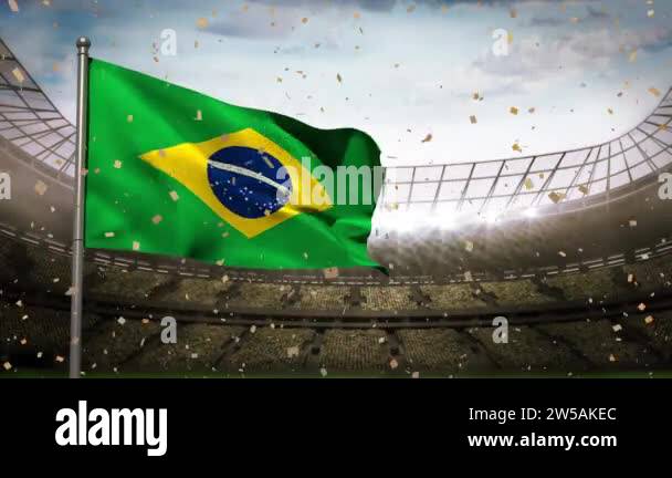 Animation of confetti falling over flag of brazil at sports stadium ...