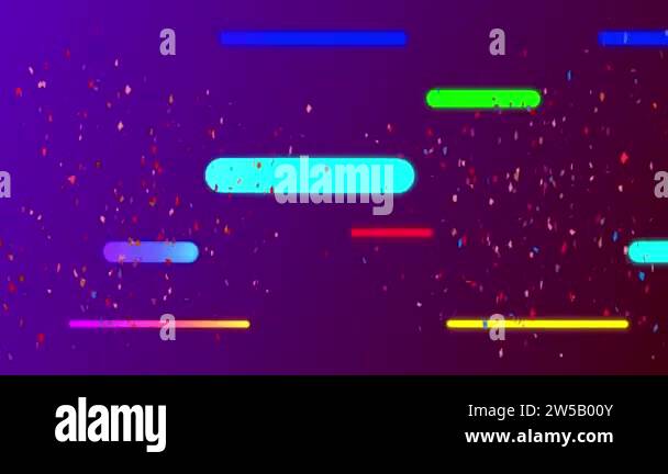 Animation of confetti falling over vibrant coloured stripes moving on ...