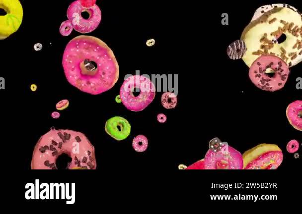 Flying many colorful donuts on a black background. Donut cake, Sweets ...