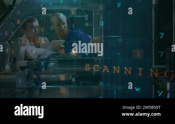 Animation Of Cyber Attack Warning Over Scientists Using Tablet Global