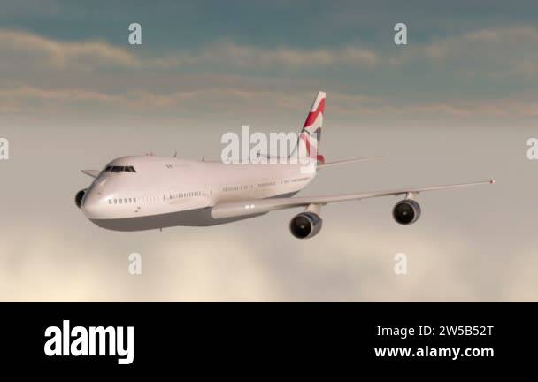 Boeing 747 flying in the clouds. Wonderfull sunset. Realistic 3d CG ...