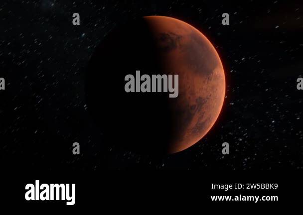 Epic shot flying around Mars planet in open space with sun flares ...