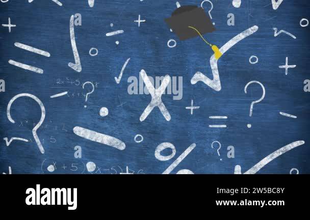 Digital animation of graduation hat icons falling against mathematical ...