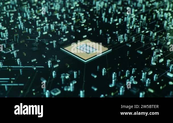 Technological background with CPU and circuit board. Flying CPU and ...