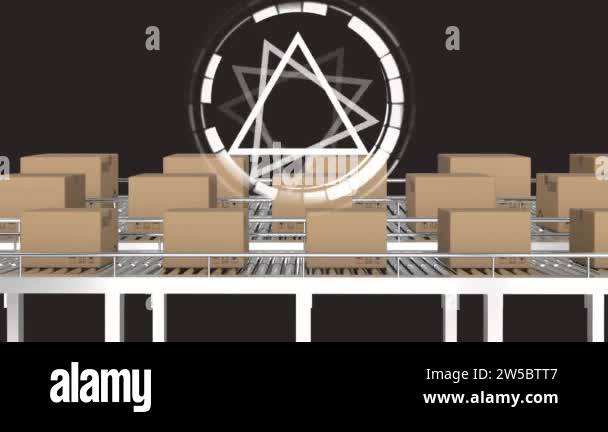 Animation of rotating triangle over conveyor belts with boxes. global ...