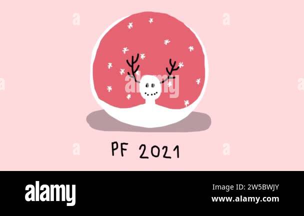 PF 2021. Red New year card with pink snowdrop with a deer snowman and animated snowflakes ...