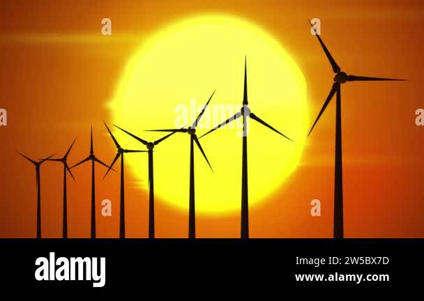 Wind Turbines 4K Animation at Sunset Time with Glowing and blazing sun ...