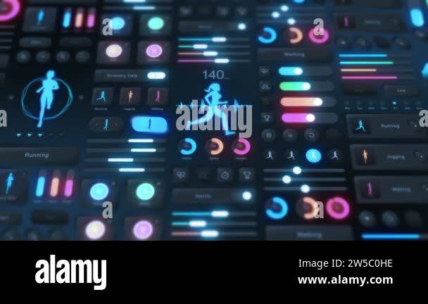Hi tech panel of fitness application on dark background. Running and ...