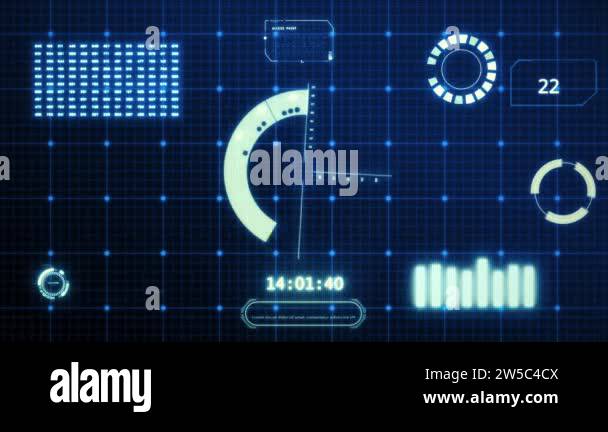 HUD driving car speed user interface computer screen display with pixels background. Blue ...