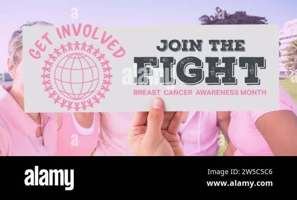 Animation of globe logo with breast cancer text over diverse group of ...