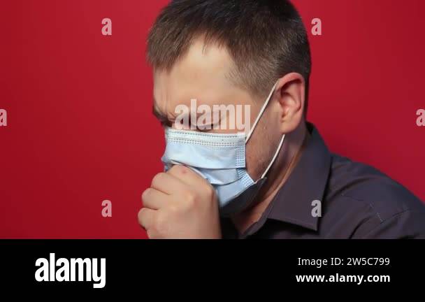 Sick man coughs heavily, hemoptysis hemorrhage spitting blood in saliva ...